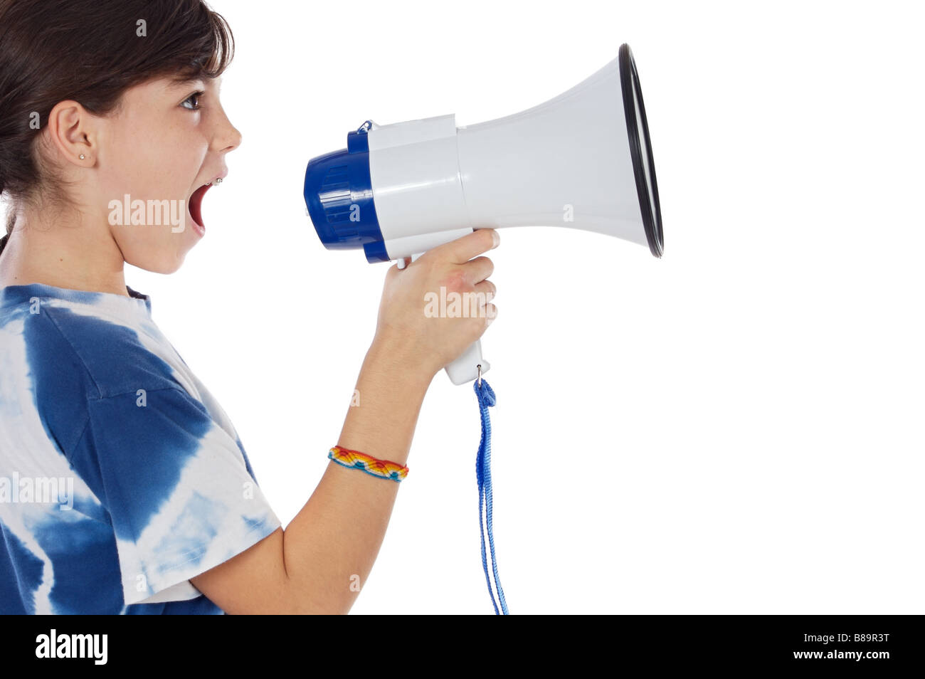 girl shouting through megaphone over white background Stock Photo - Alamy