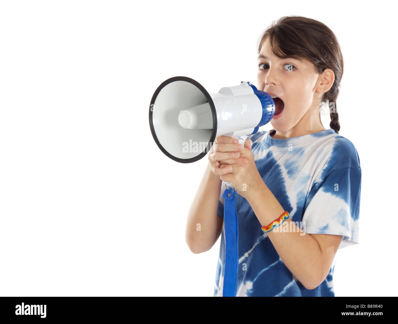 girl shouting through megaphone over white background Stock Photo - Alamy