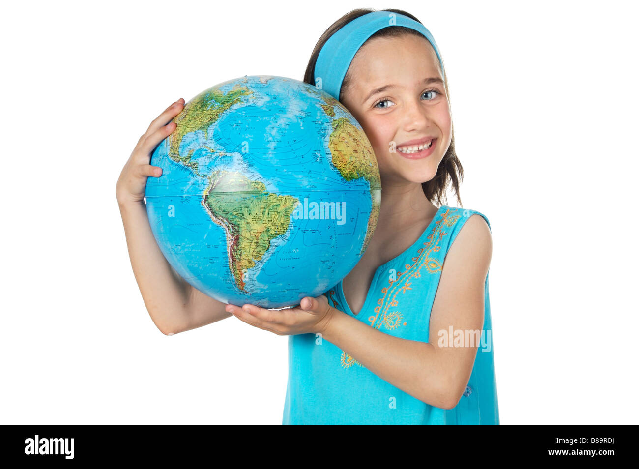 Girl with a globe of the world over white background Stock Photo - Alamy
