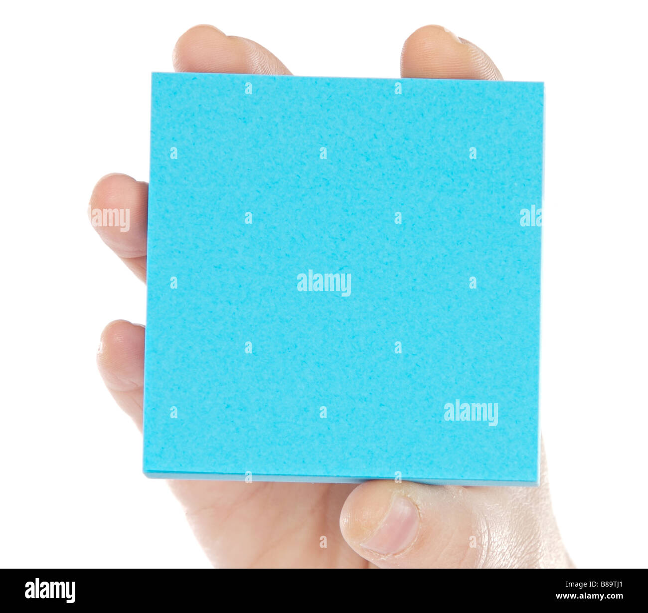 Post It and hand a over white background Stock Photo - Alamy