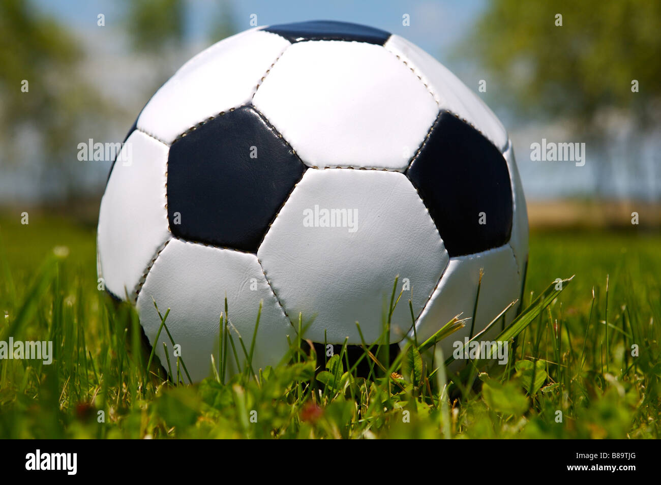 photo of a Soccer ball upon the green grass Stock Photo - Alamy