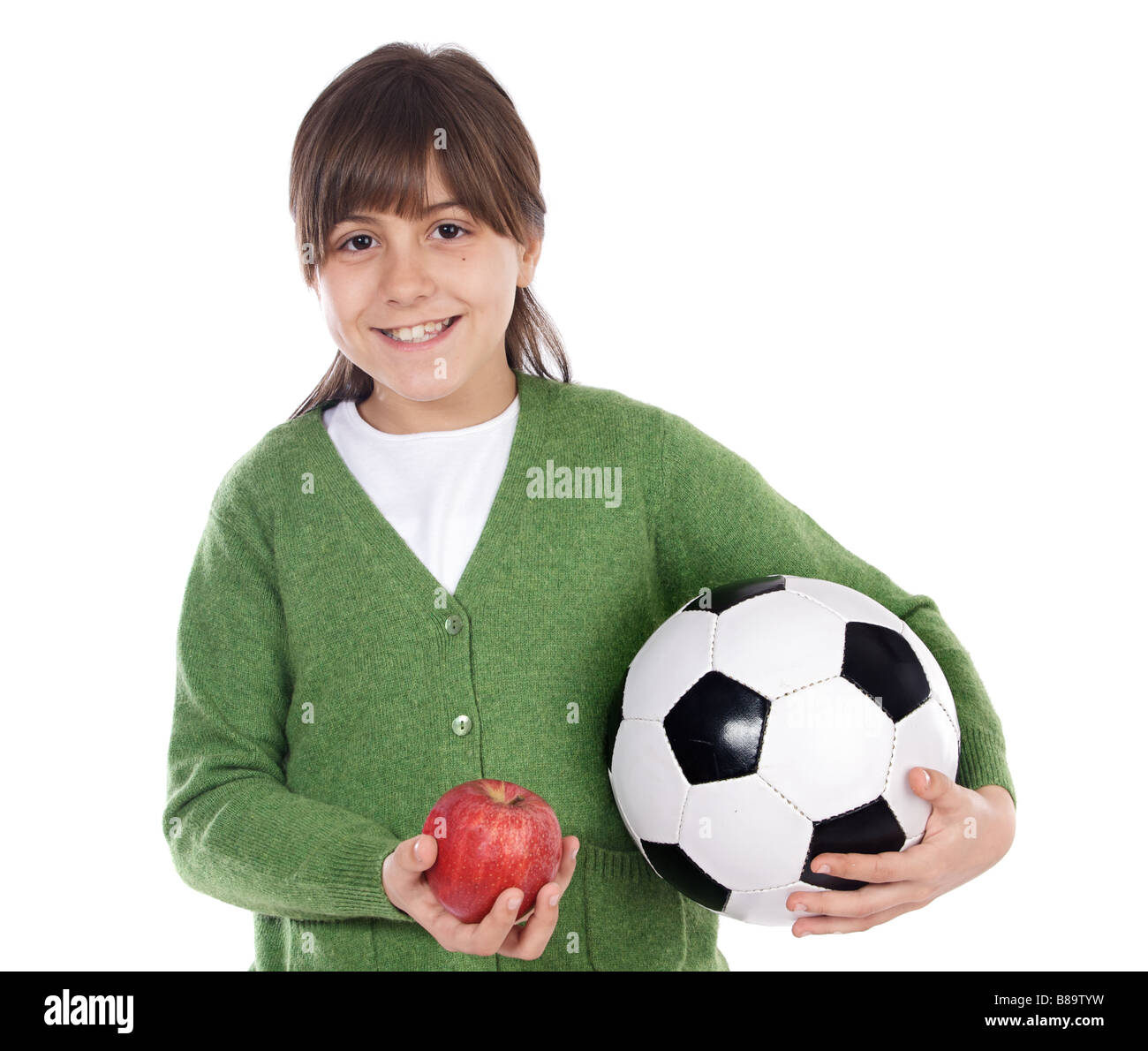 Girl whit ball and apple a over white background Stock Photo - Alamy