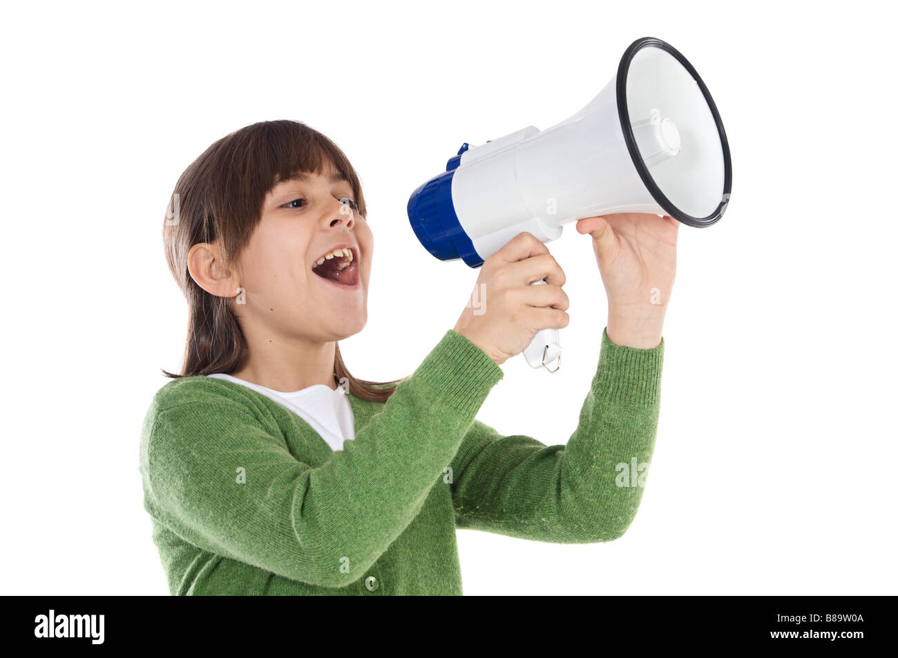 Little girl shouting through megaphone over white background Stock ...