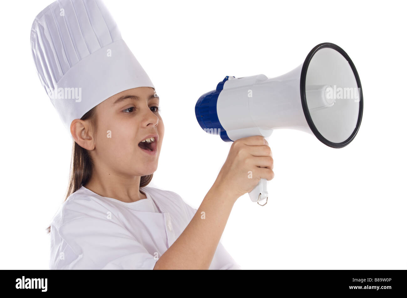 Adorable cooking girl with megaphone on a over white background Stock ...