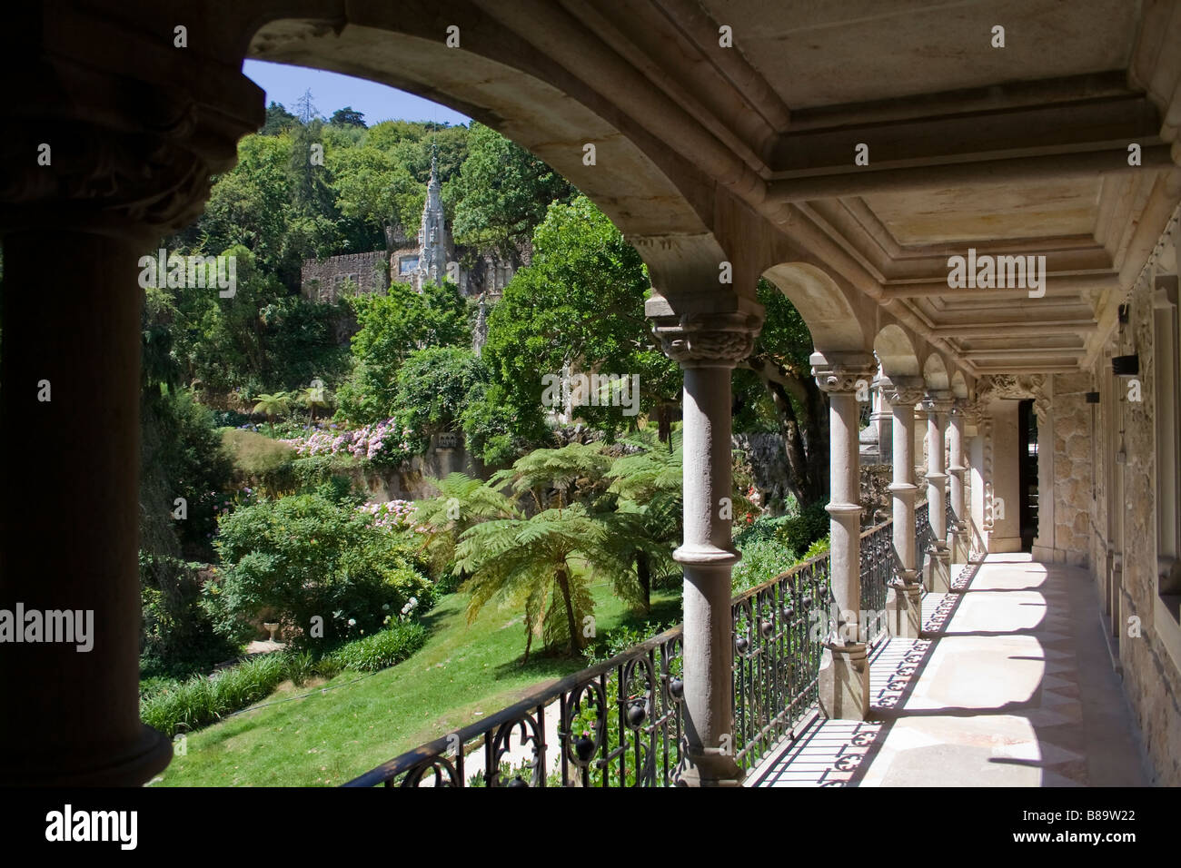 Balcony of the Regaleira Palace facade and Gardens in Sintra. Connected ...
