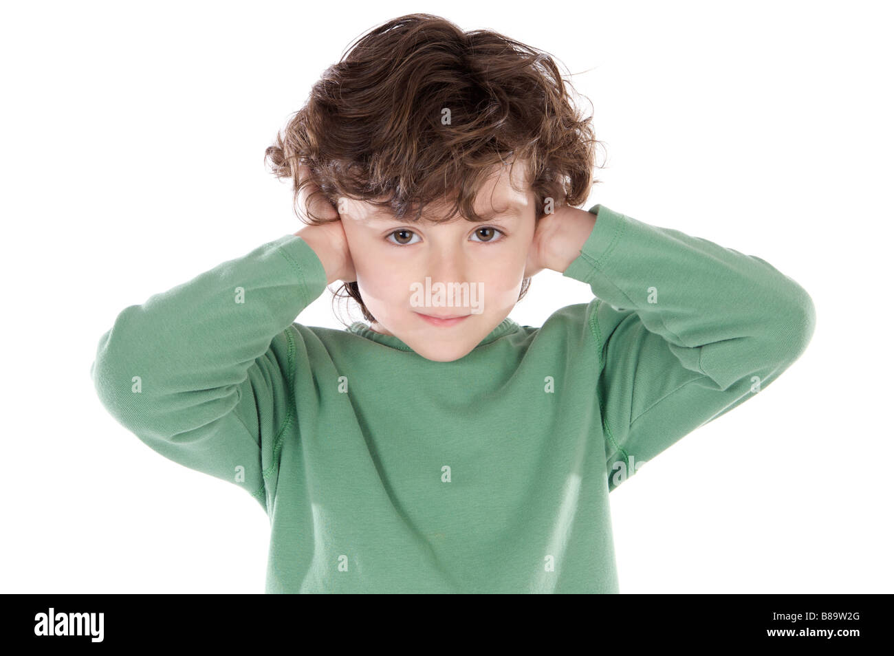 Child holding his hands against his ears a over white background Stock ...