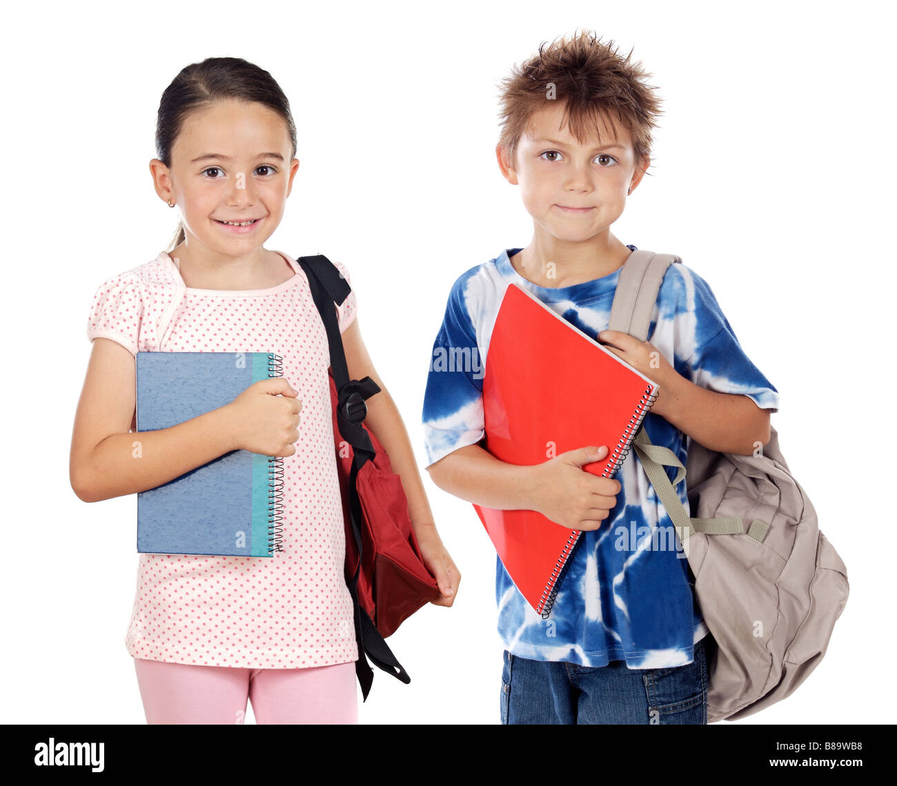 Two children students returning to school on a white background Stock ...