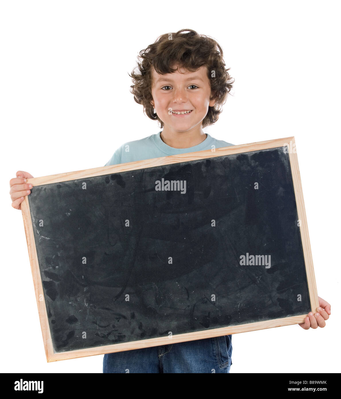Child with empty slate to put words on a white background Stock Photo ...