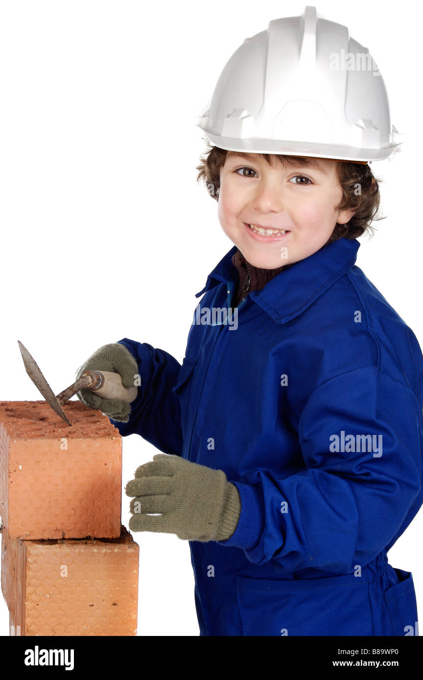 Child builder making a wall of bricks a over white background Stock ...