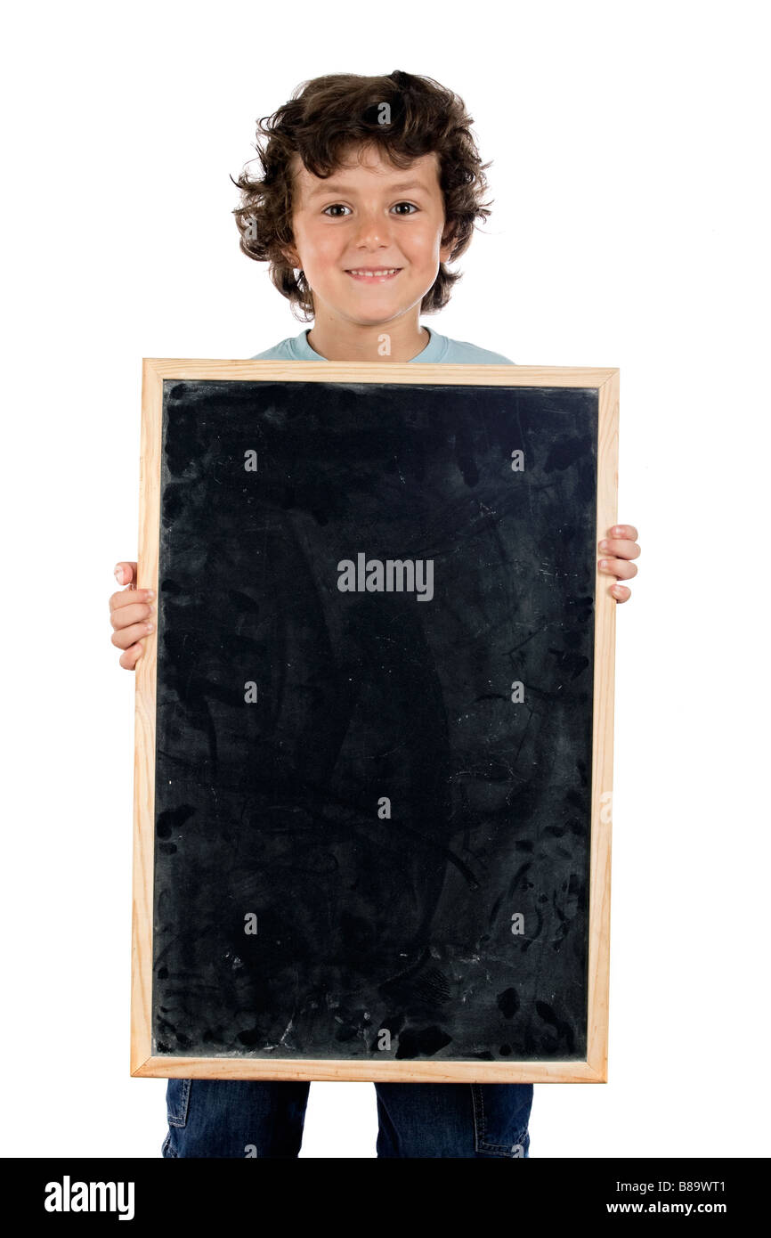 Child with empty slate to put words on a white background Stock Photo ...
