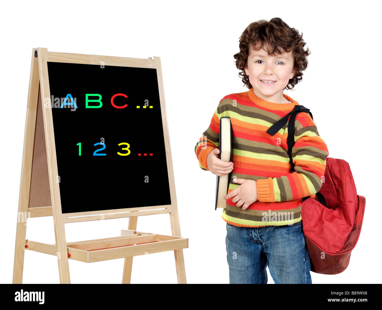 Adorable child studying whit slate a over white background Stock Photo ...