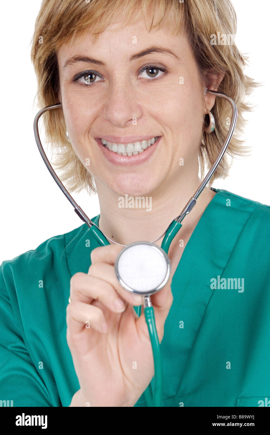 Pretty girl doctor with stethoscope isolated on white Stock Photo - Alamy