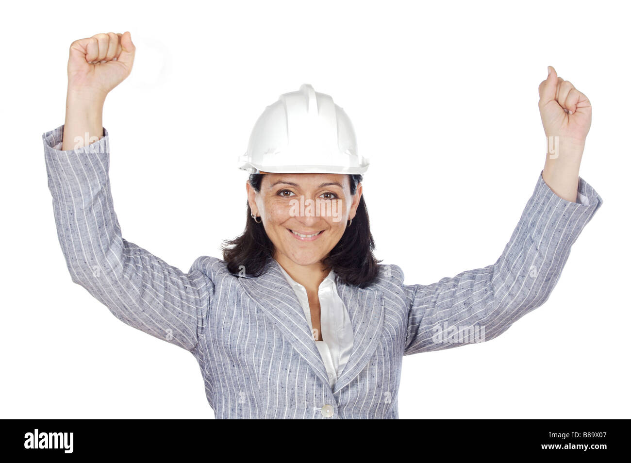Woman with helmet with victory gesture over white background Stock ...