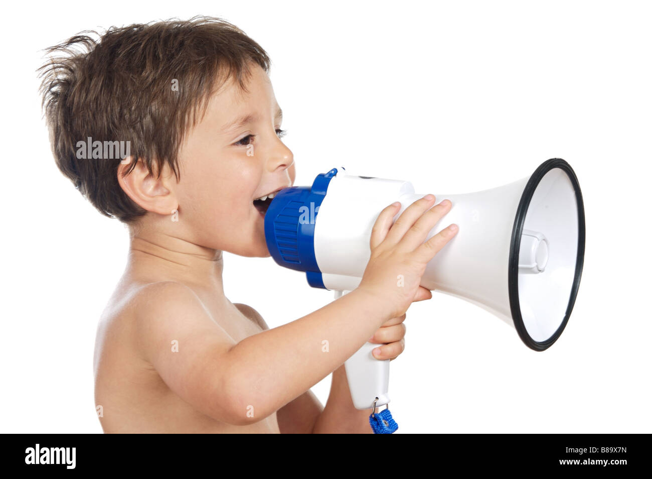 adorable child with a megaphone a over white background Stock Photo - Alamy