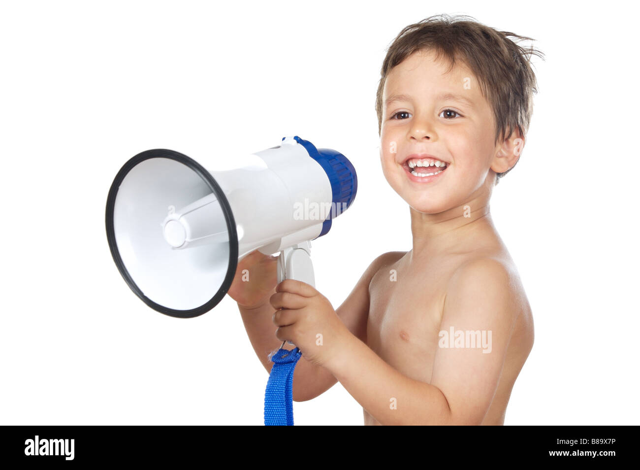 adorable child with a megaphone a over white background Stock Photo - Alamy
