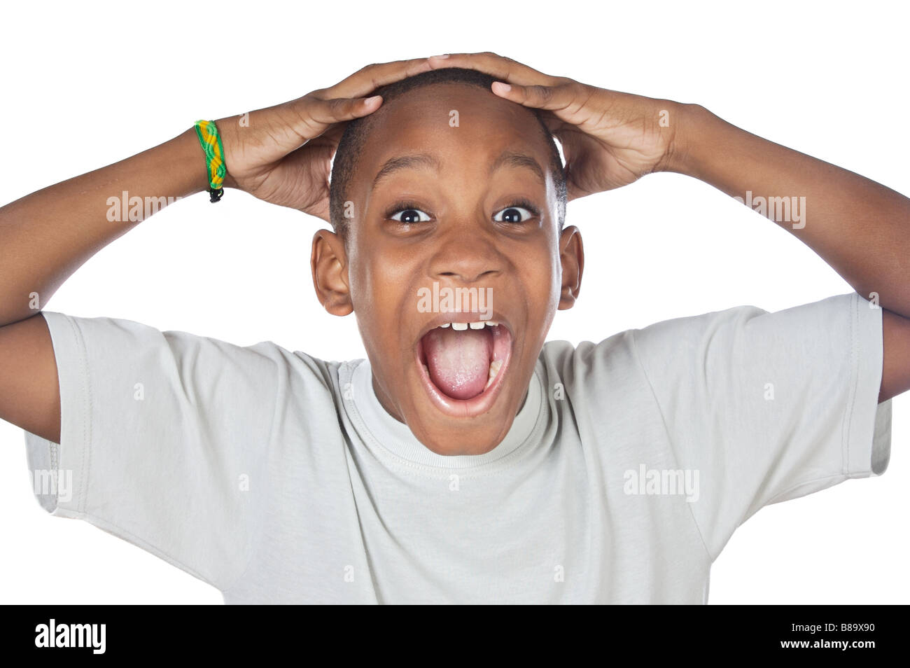 boy shouting madly with his hands over his head Stock Photo - Alamy