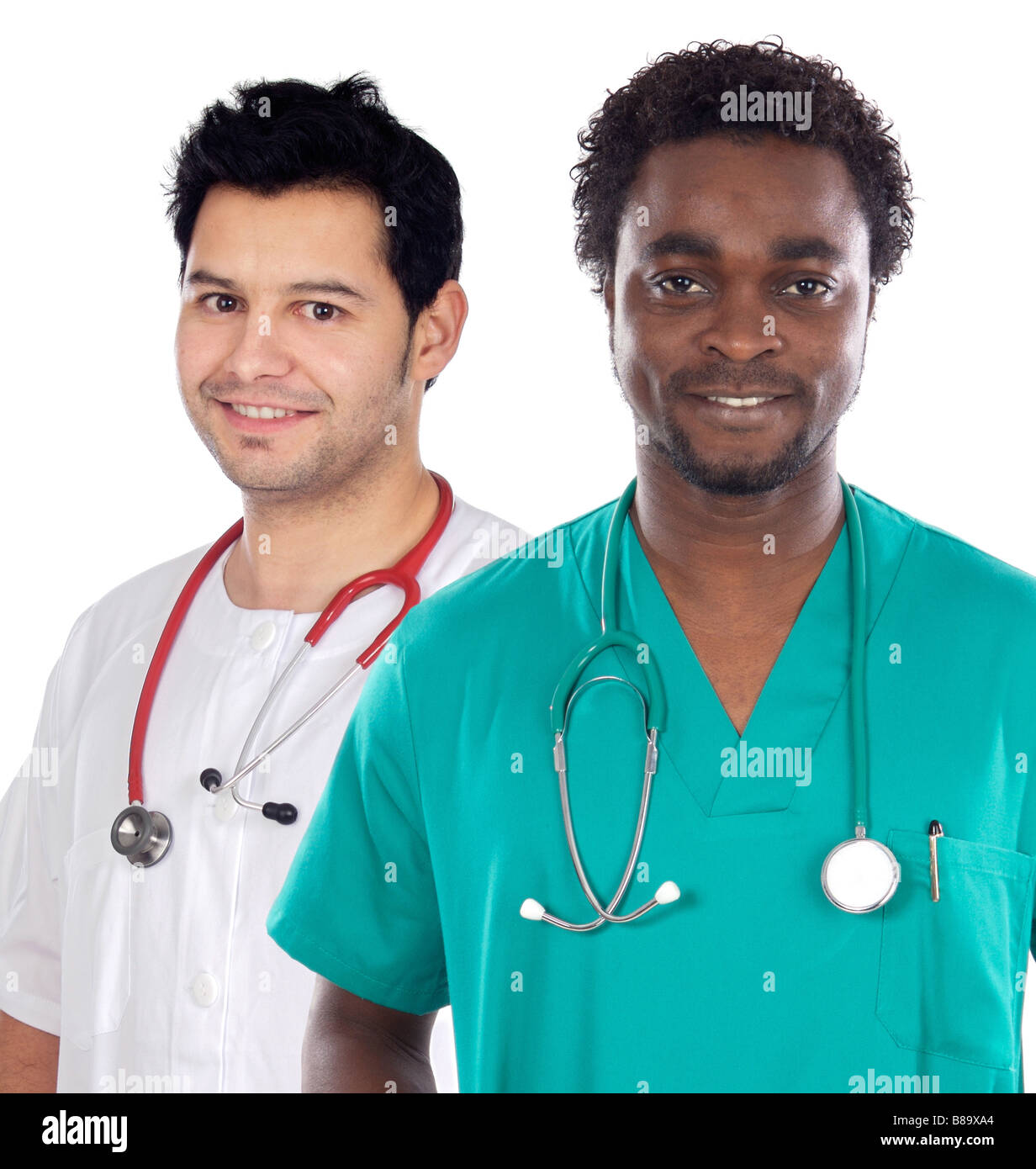 African and caucasian doctors a over white background Stock Photo - Alamy