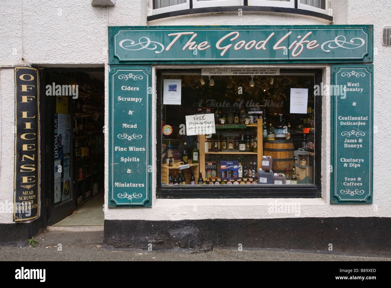 Off license shop front "The Good Life" offering local produce Stock ...