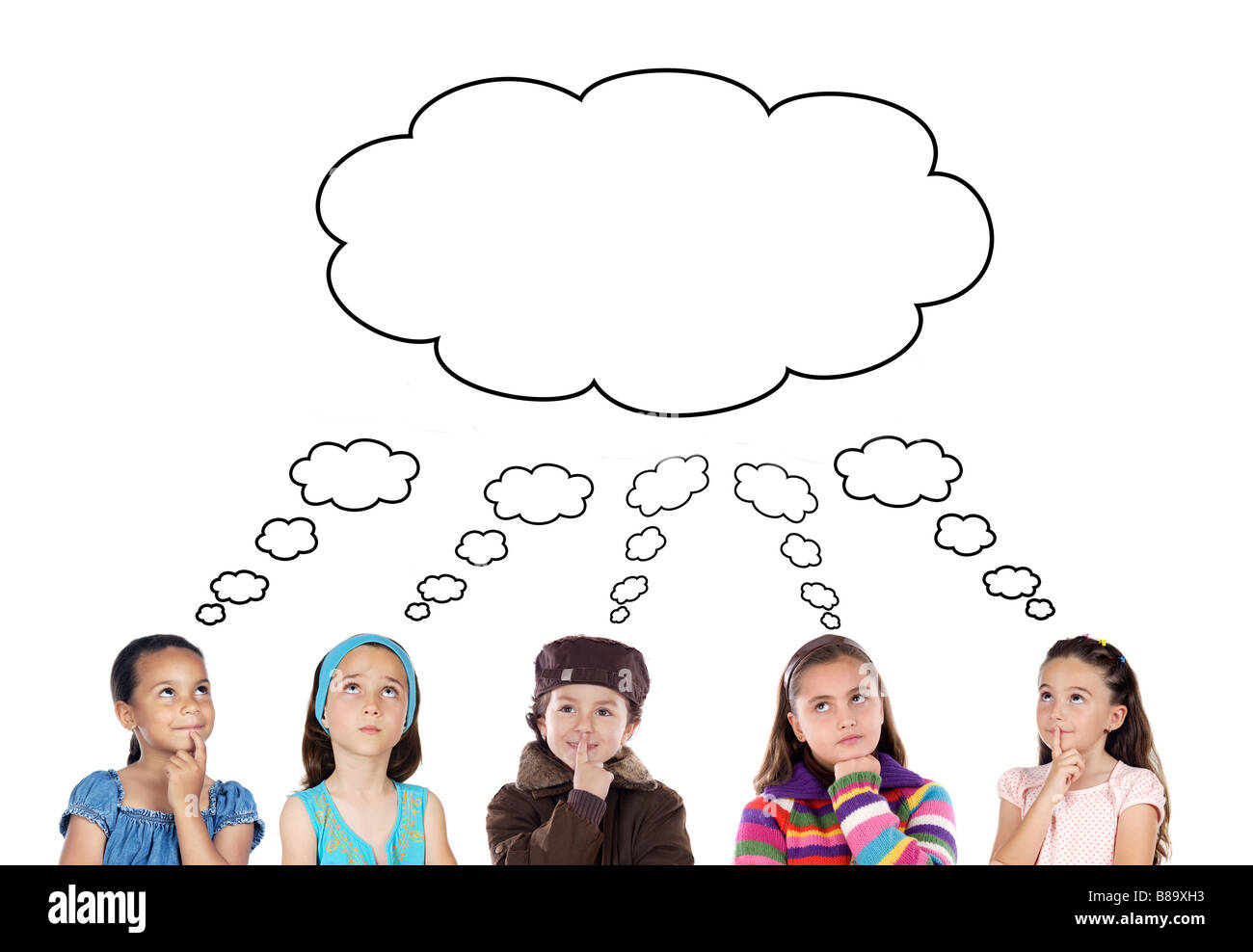 Group of five children thinking a over white background Stock Photo - Alamy