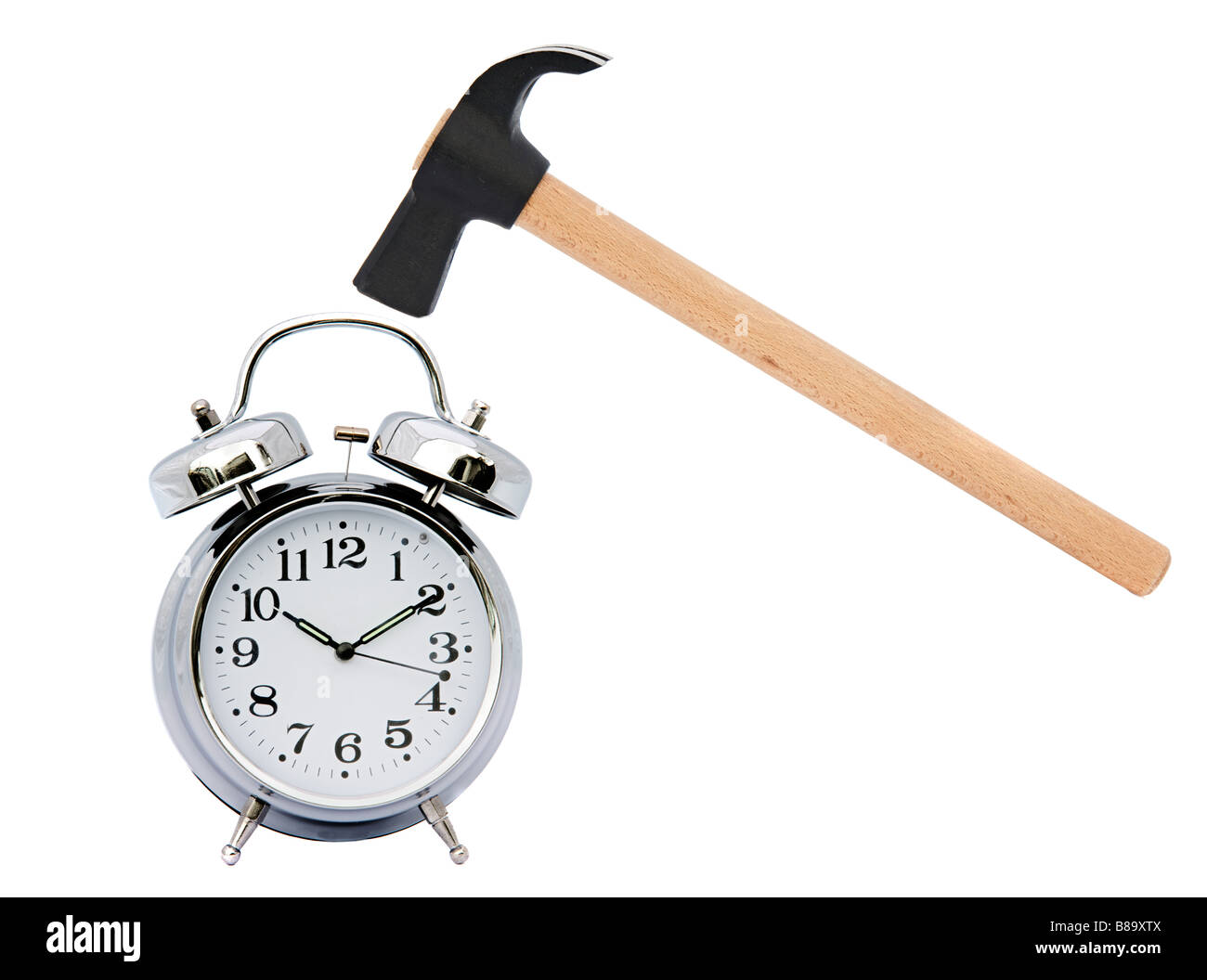 Clock and hammer a over white background Stock Photo - Alamy