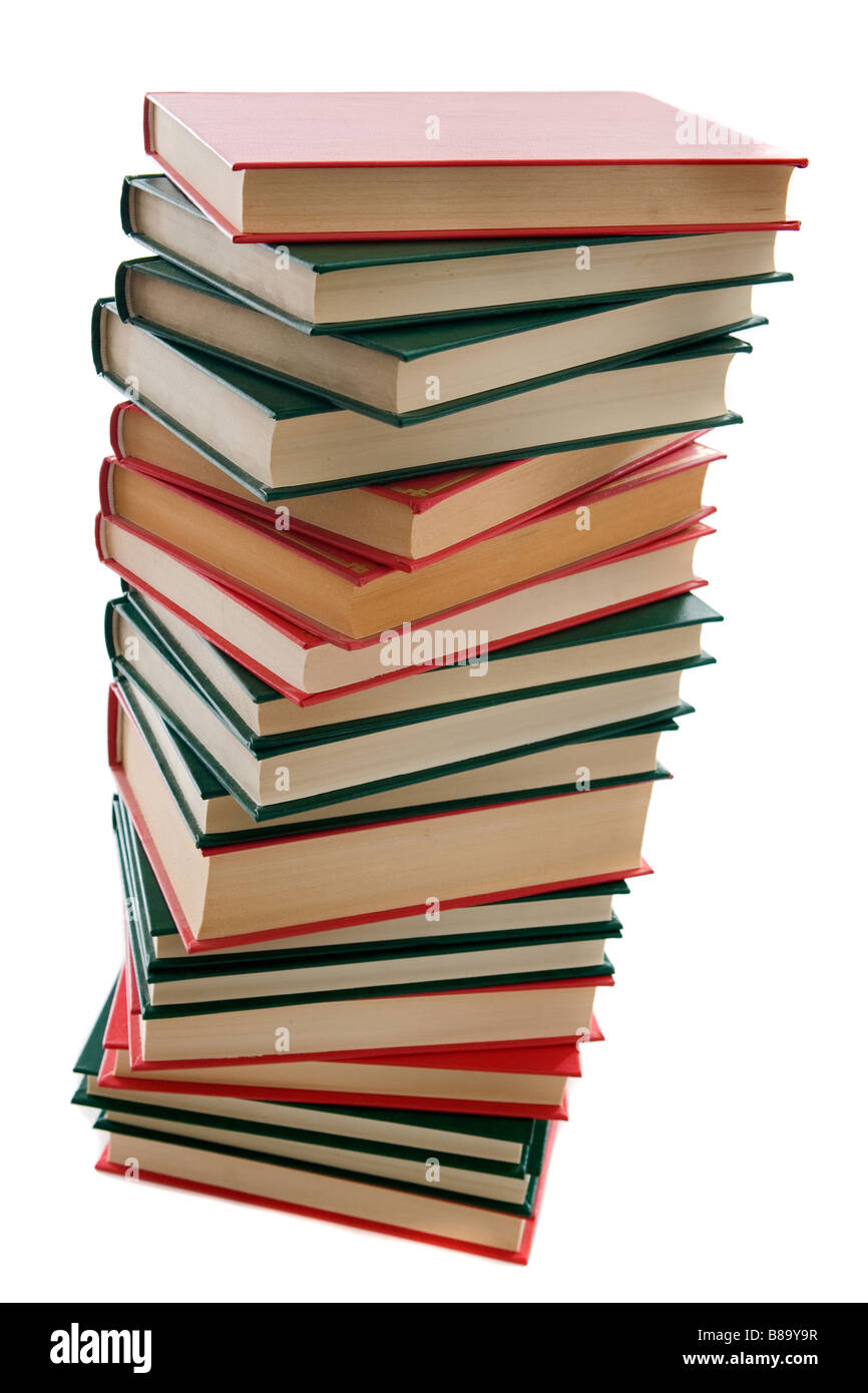 Tower of red and green books on a white background Stock Photo - Alamy