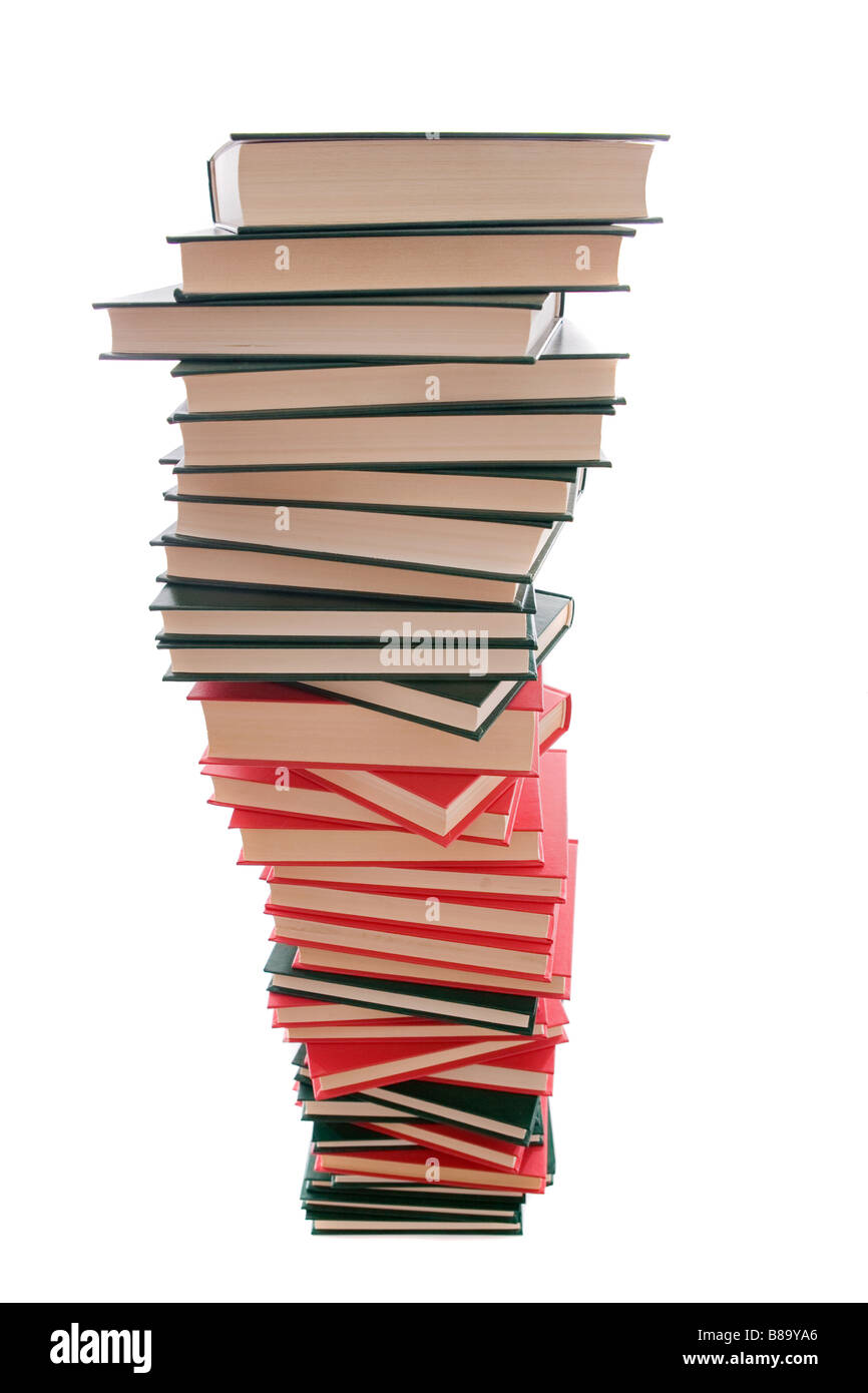 Tower of red and green books on a white background Stock Photo - Alamy