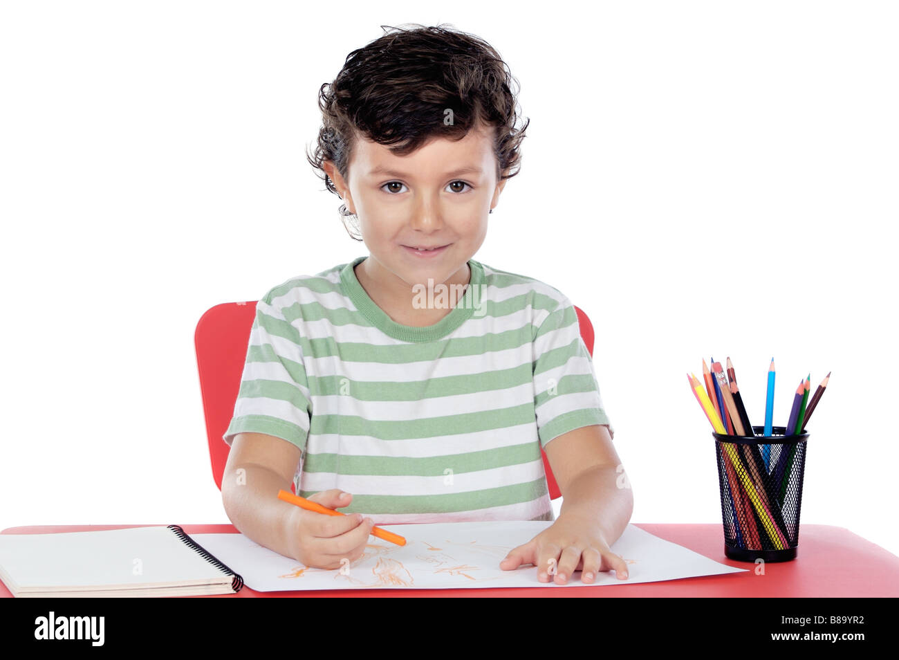 adorable boy studying a over white background Stock Photo - Alamy