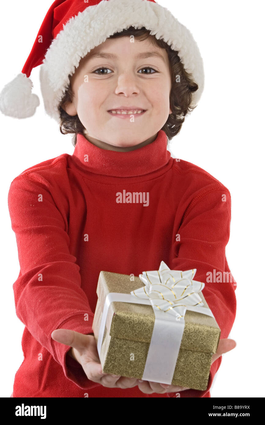Adorable boy with red hat of Christmas and one gift on a over white ...