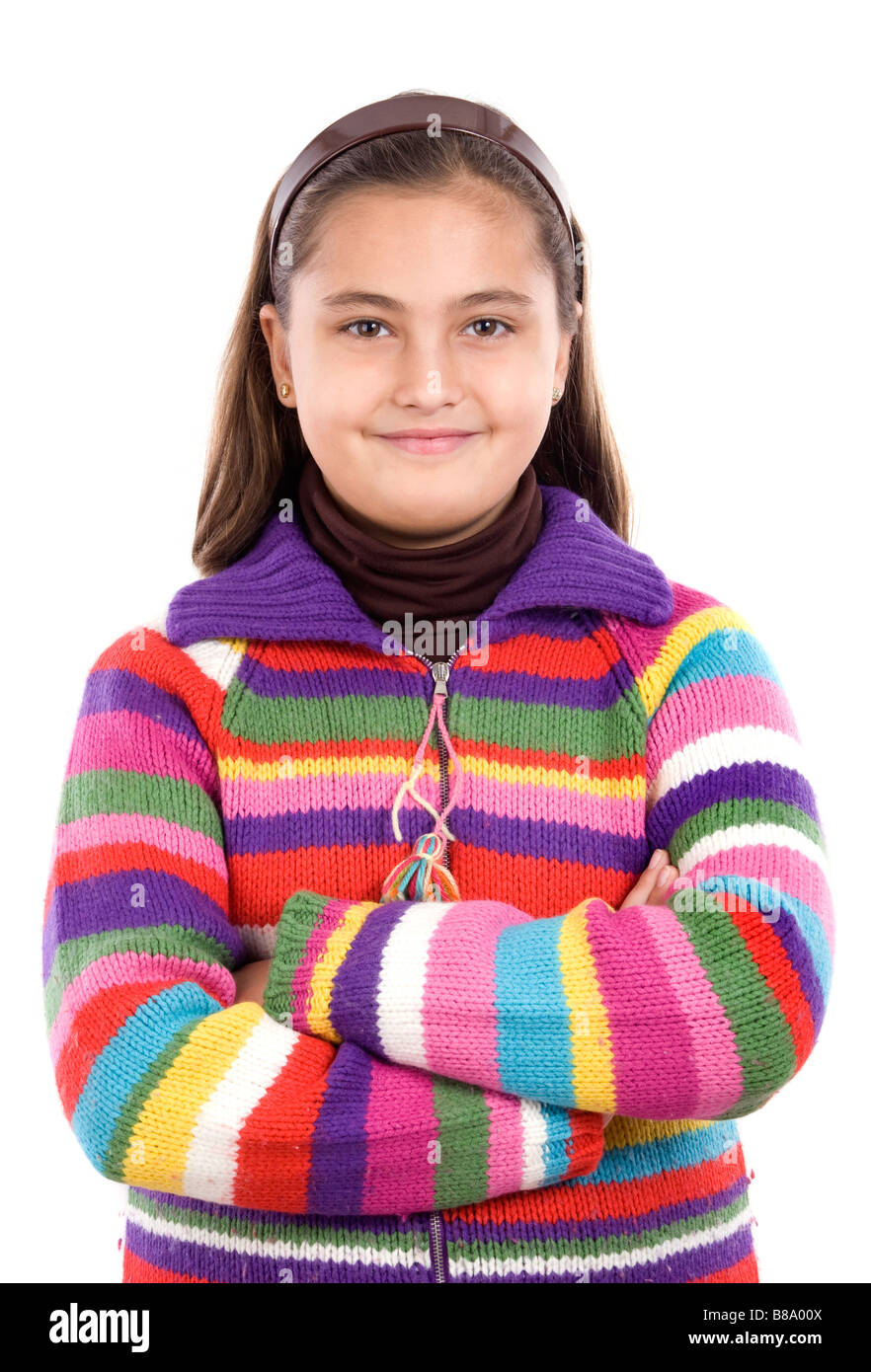 Adorable girl with woollen jacket on a over white background Stock ...