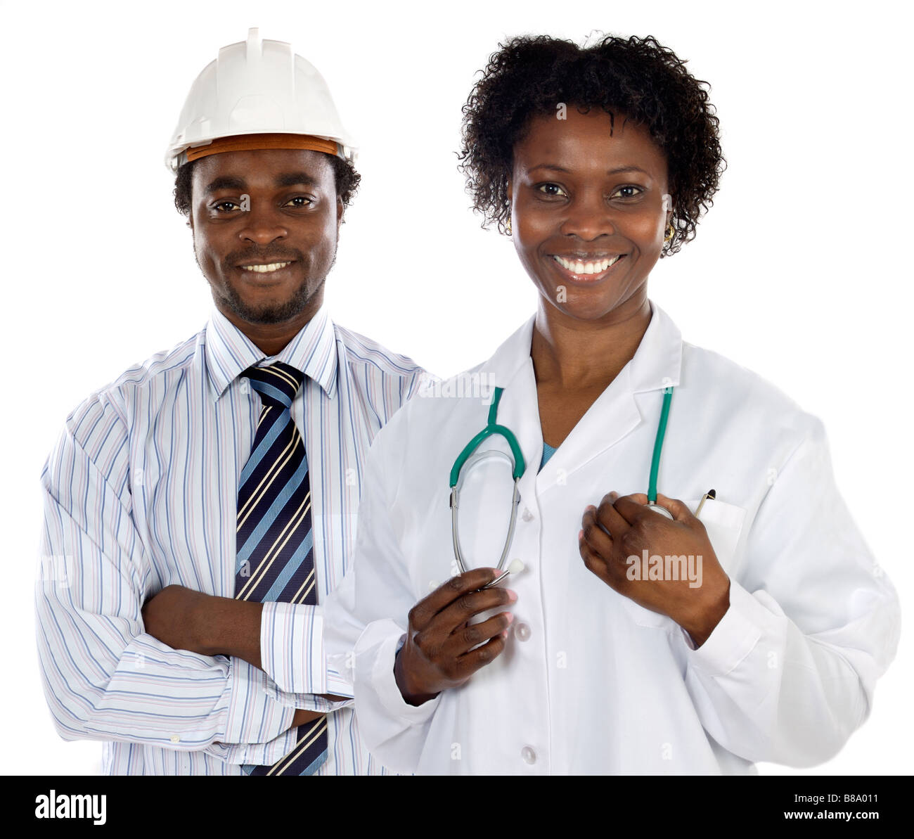 Couple of african americans doctor and engineer a over white background ...