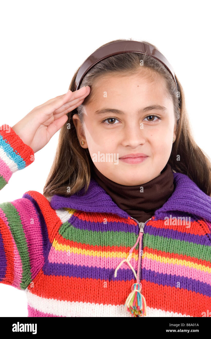Beautiful girl doing a military salute on a white background Stock ...