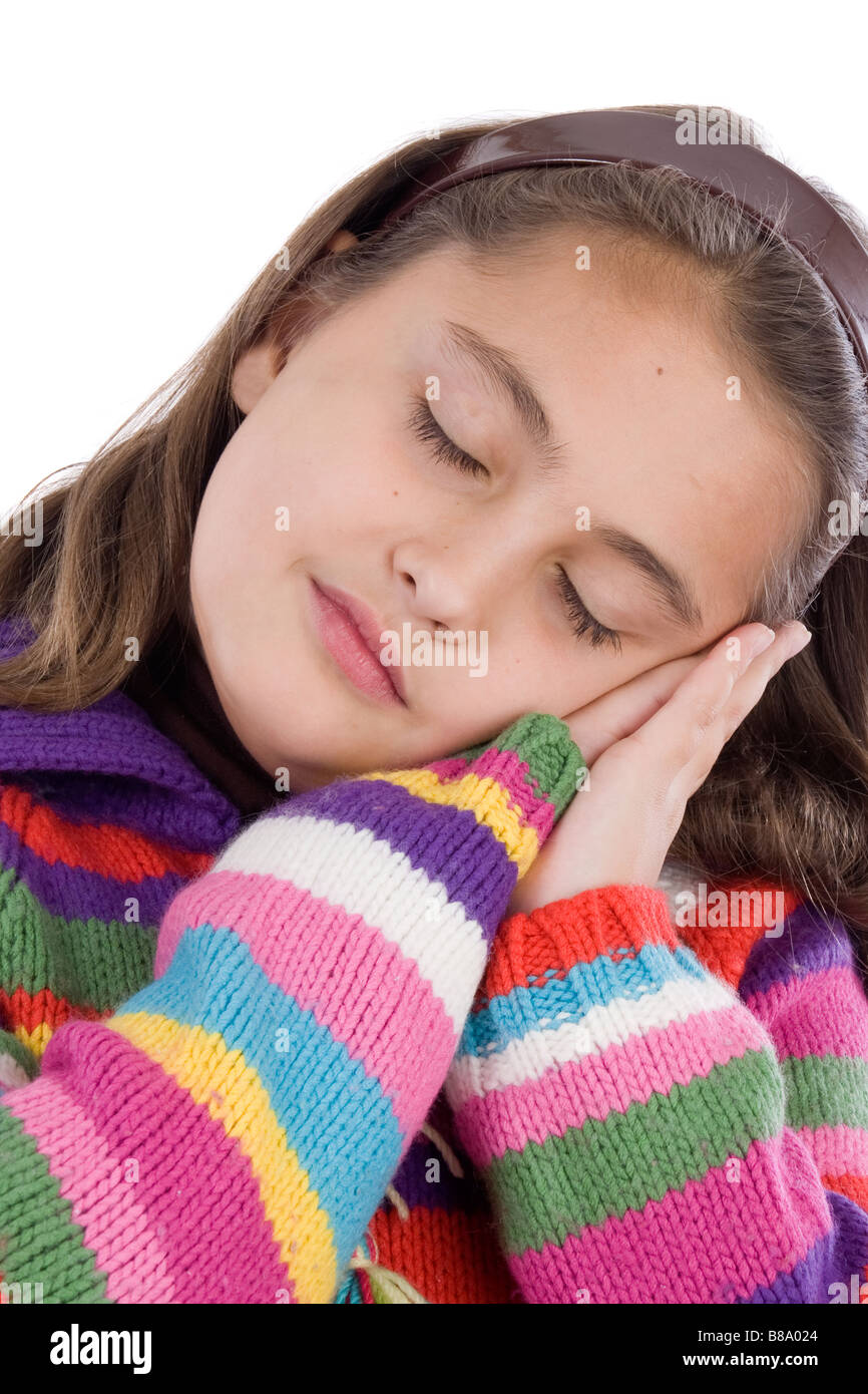 Adorable girl with woollen jacket on a over white background Stock ...