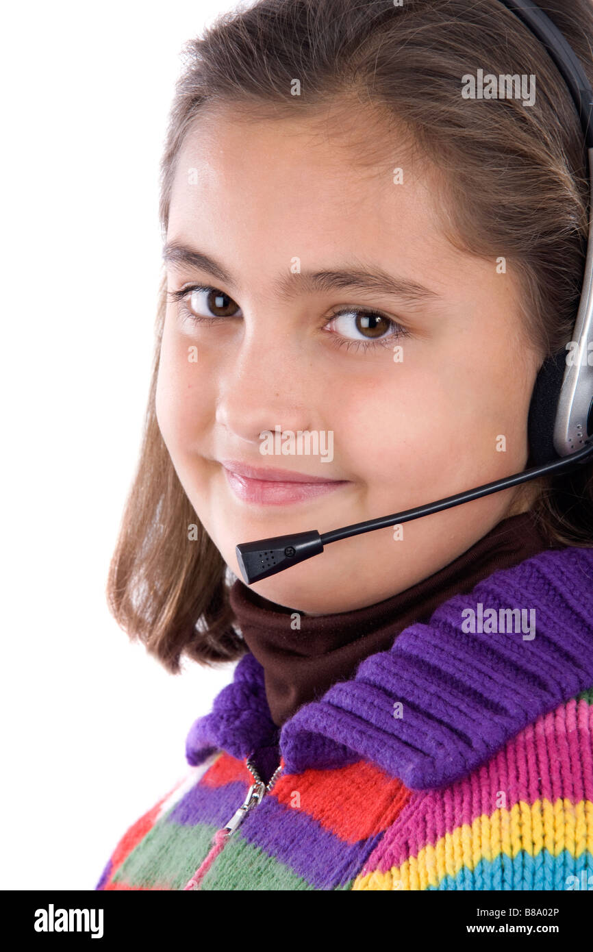 Adorable girl with microphone and headphones on a over white background ...