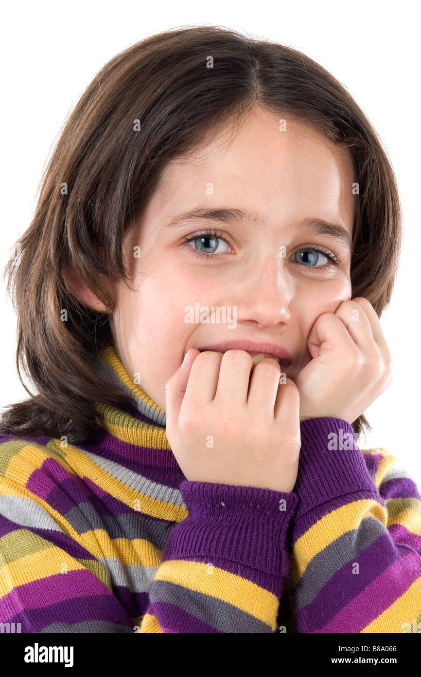 Afraid girl on a over white background Stock Photo - Alamy