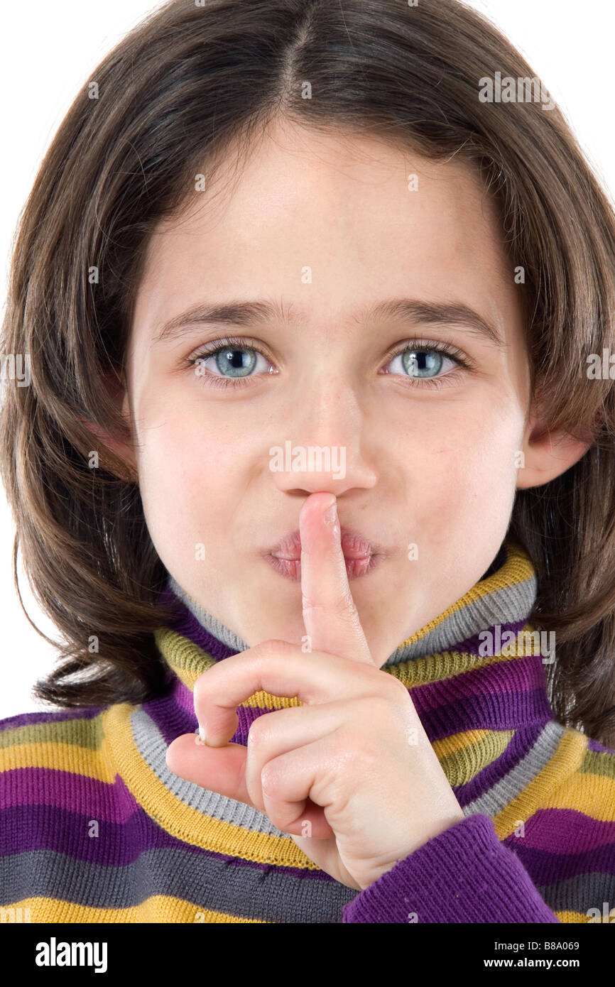 Adorable girl ordering silence on a over white background Stock Photo ...