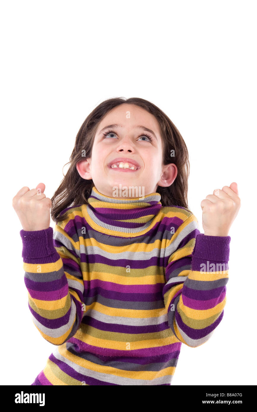 Cheerful winner girl on a white background Stock Photo - Alamy