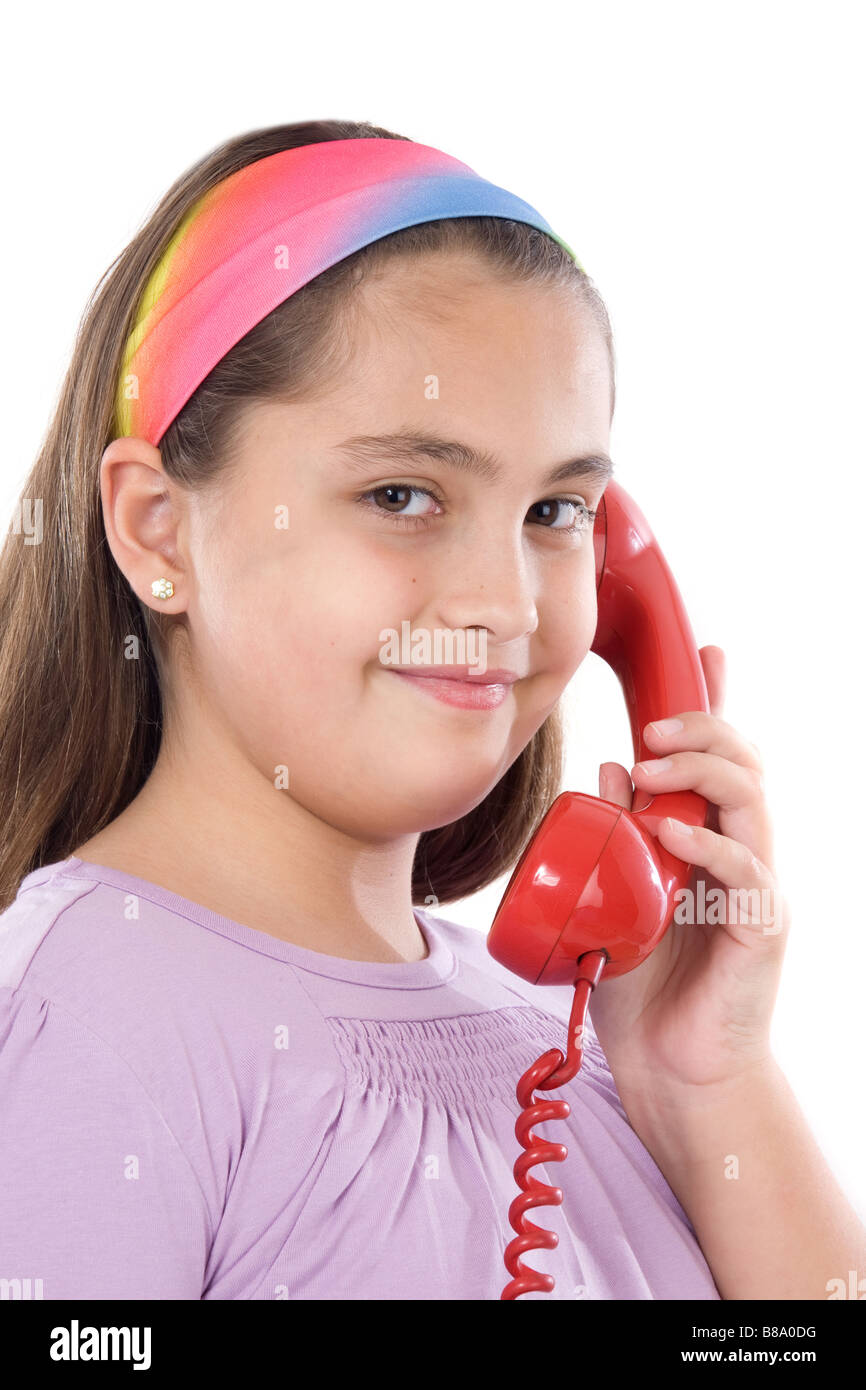 Beautiful girl with red telephone on a over white background Stock ...