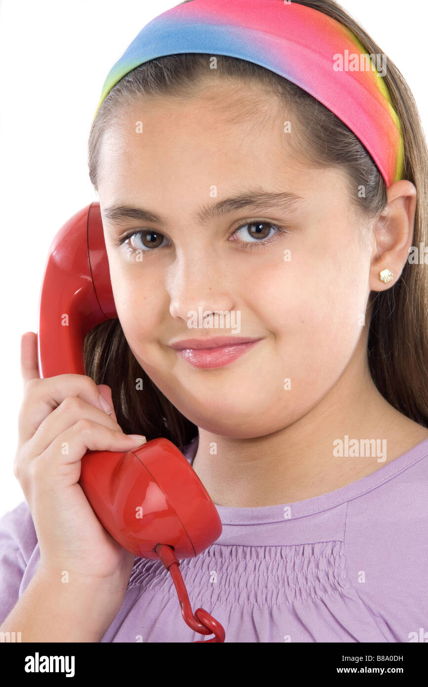 Beautiful girl with red telephone on a over white background Stock ...