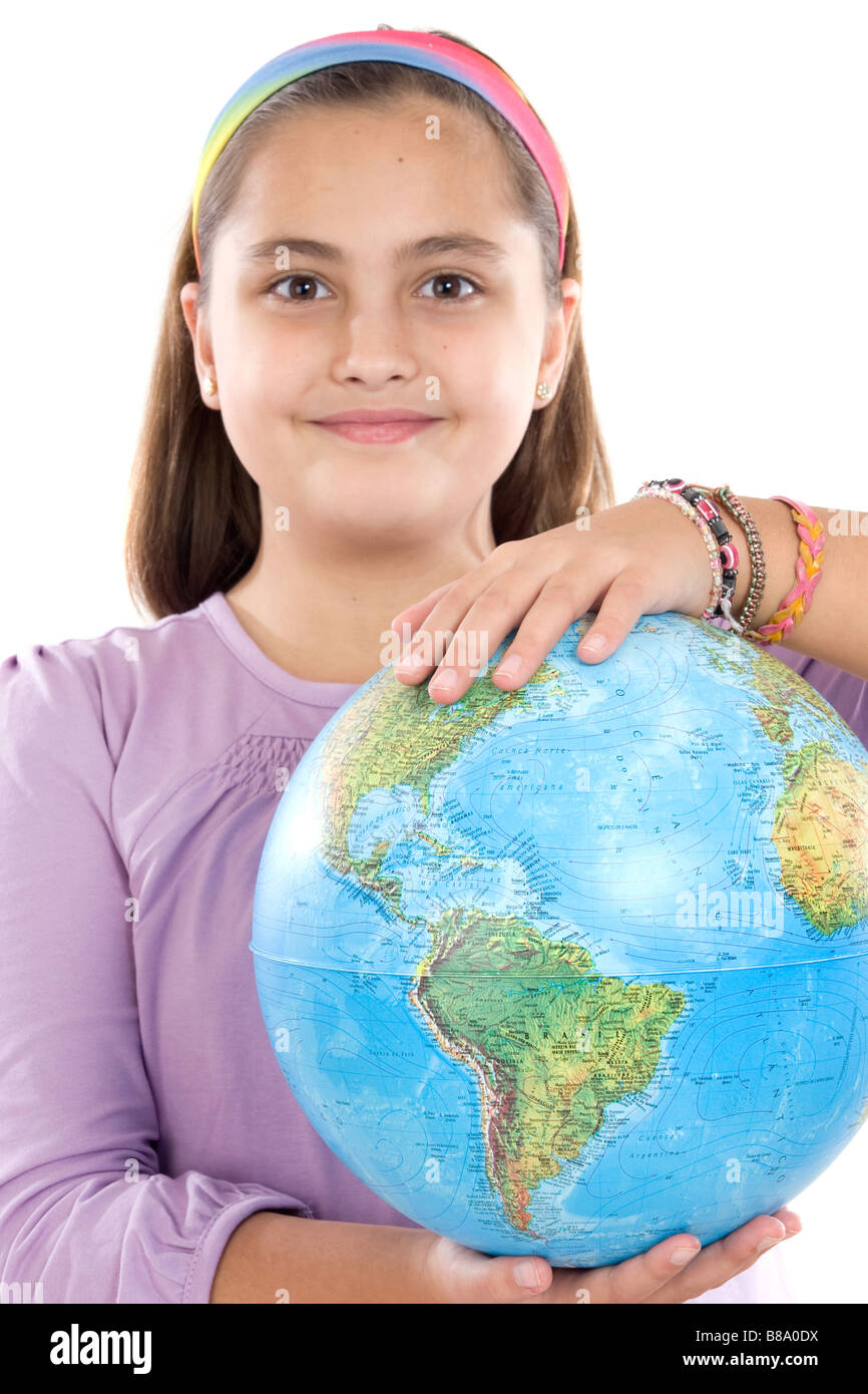 Adorable girl with a globe of the world over white background Stock ...