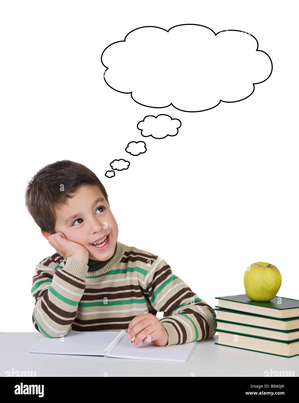 Adorable child thinking in the school on a over white background Stock ...