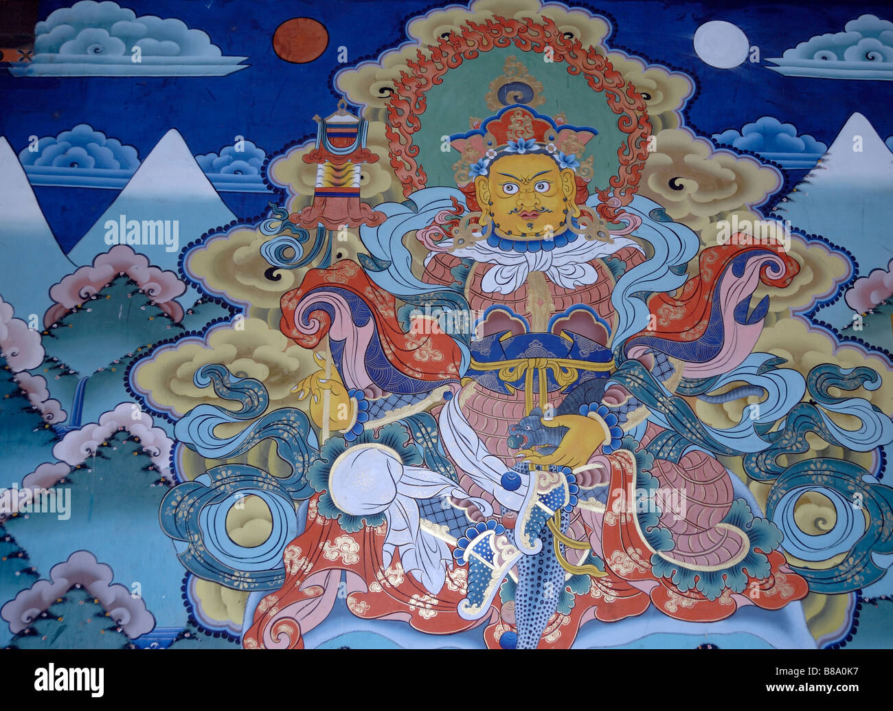 Mural painting of a Bhutanese mythological historic character full of ...