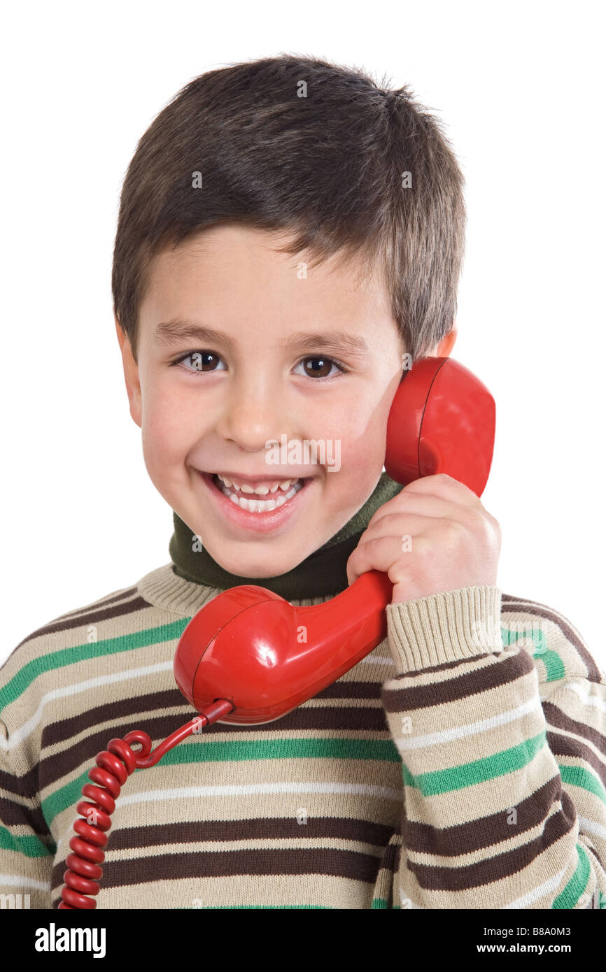 Adorable child on the phone isolated over white Stock Photo - Alamy