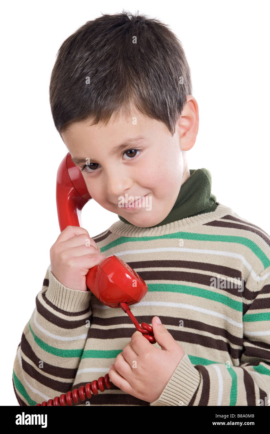 Adorable child on the phone isolated over white Stock Photo - Alamy