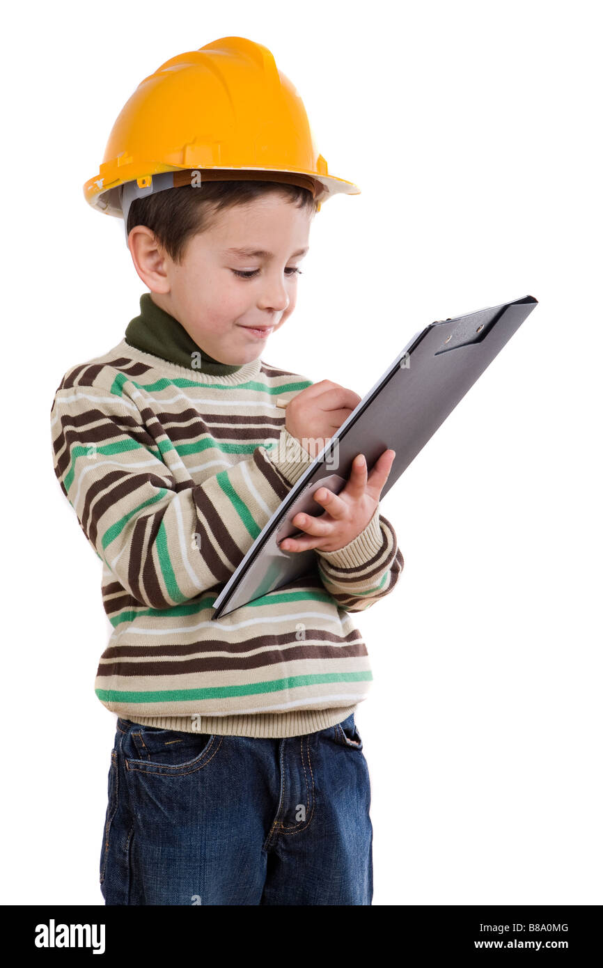 Adorable future engineer writing isolated over white Stock Photo - Alamy