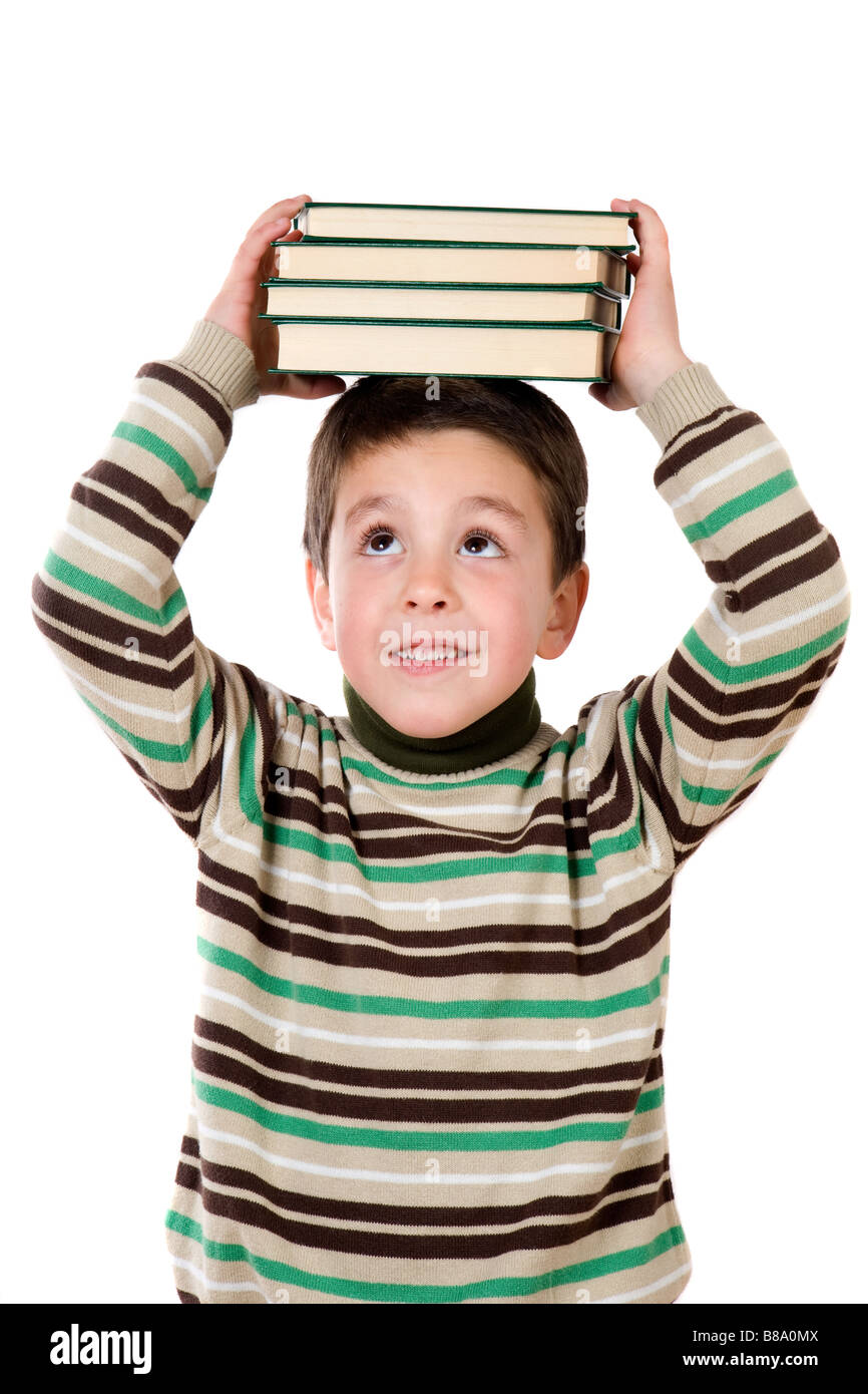 Adorable child with many books on the head isolated over white Stock ...