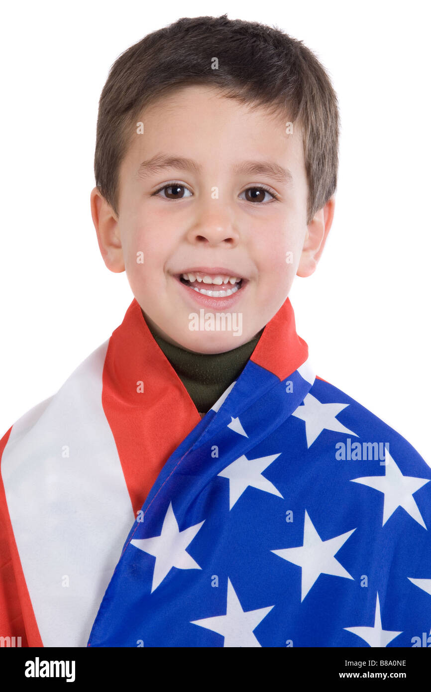 Adorable boy with american flag isolated over white Stock Photo - Alamy