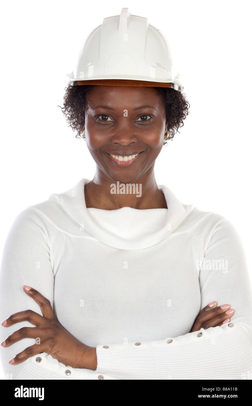 Woman engineer smiling a over white background Stock Photo - Alamy