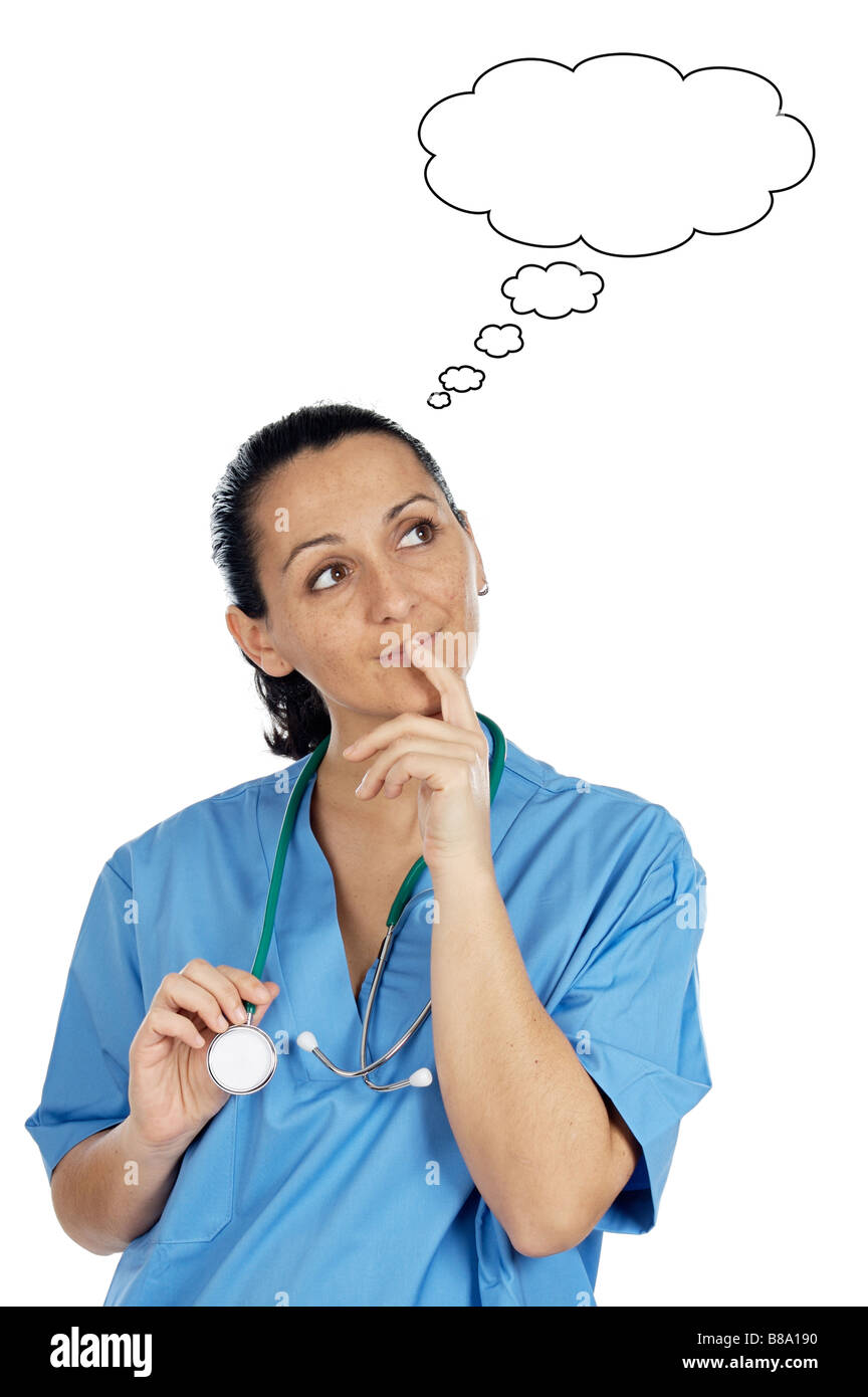 Attractive lady doctor thinking over a white background Stock Photo - Alamy