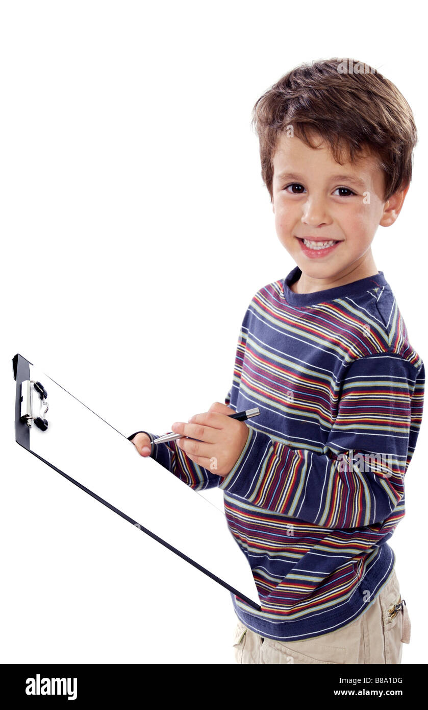 Adorable little child writing on a clipboard Stock Photo - Alamy