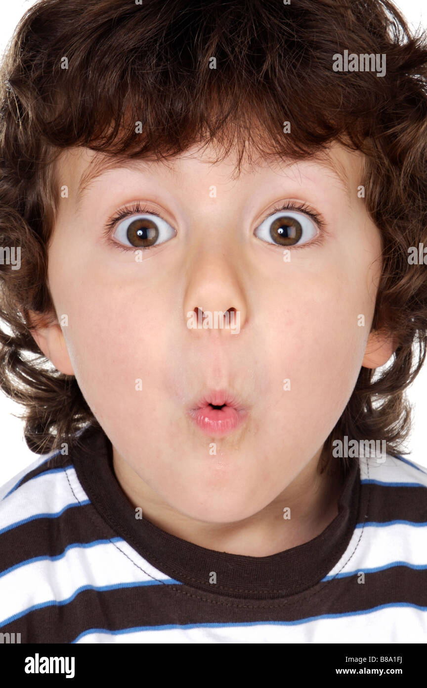 Adorable child whit face of surprise a over white background Stock ...